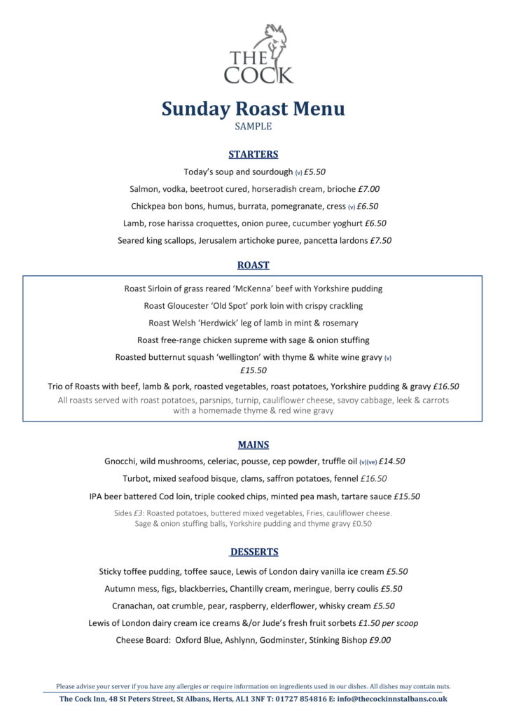 The Cock Inn Sunday menu sample 271019-1 - The Cock Inn